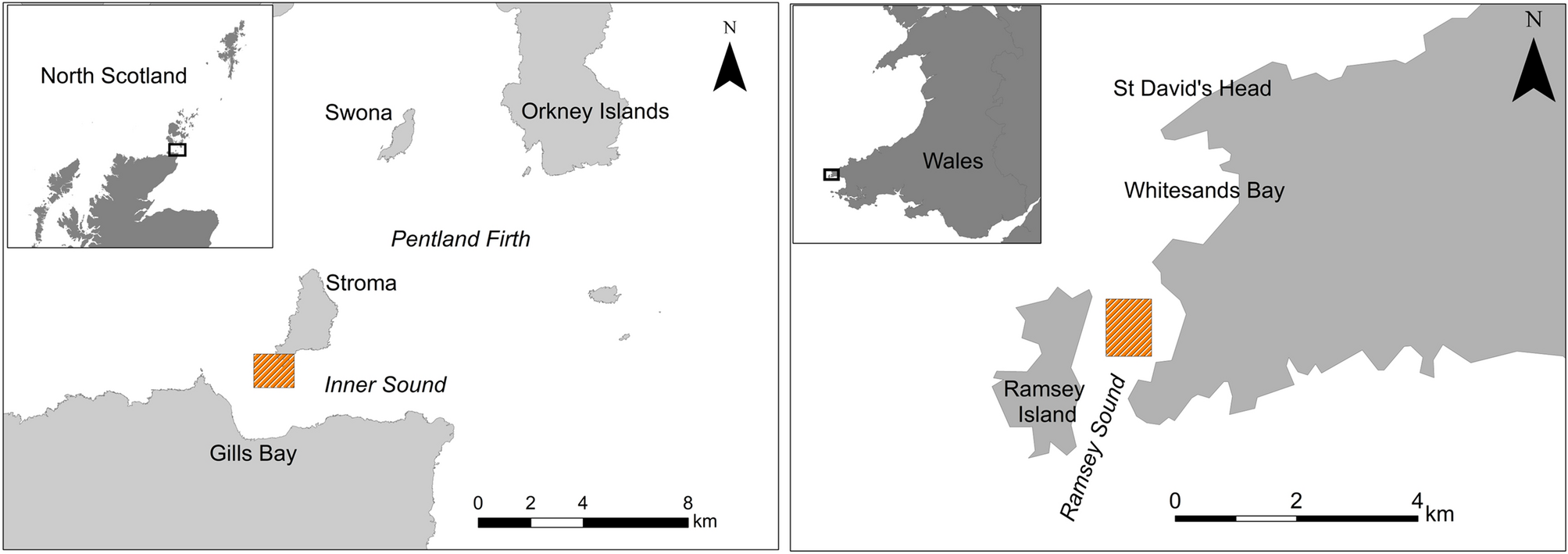 Inner Sound, Pentland Firth, Scotland (left) and Ramsey Sound, Wales ...