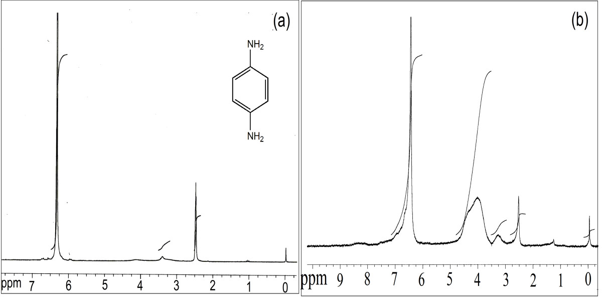 1 H NMR spectra of (a) PPD and (b) 1.